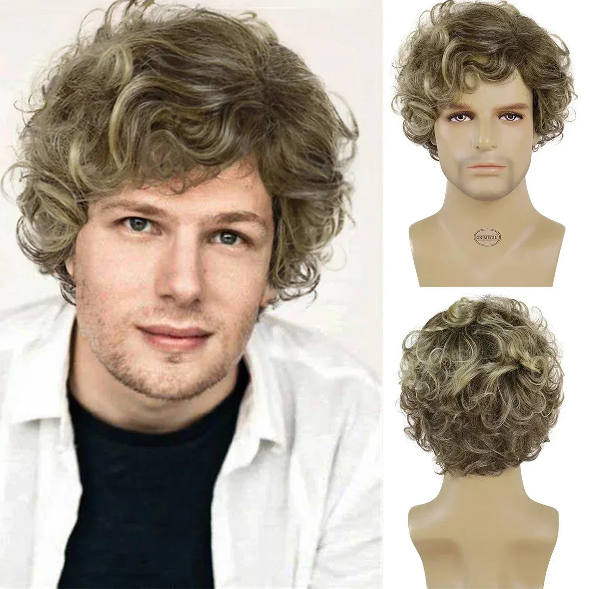 Men Hair Wig: Short Curly Style Wig, Mixed Brown And White, Lightweight ...