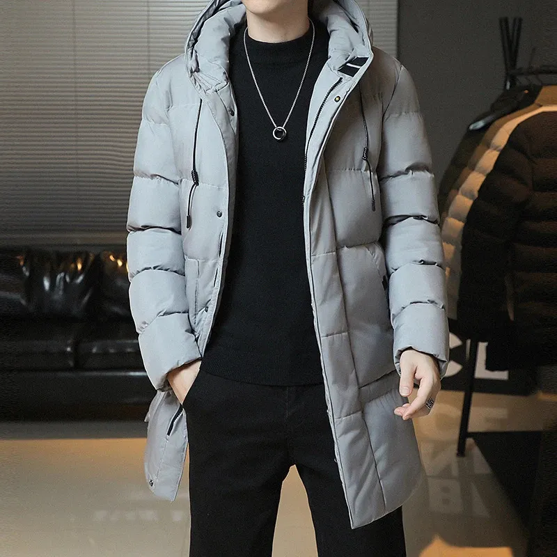 Korean winter jacket mens mid to long length thick cotton white duck ...