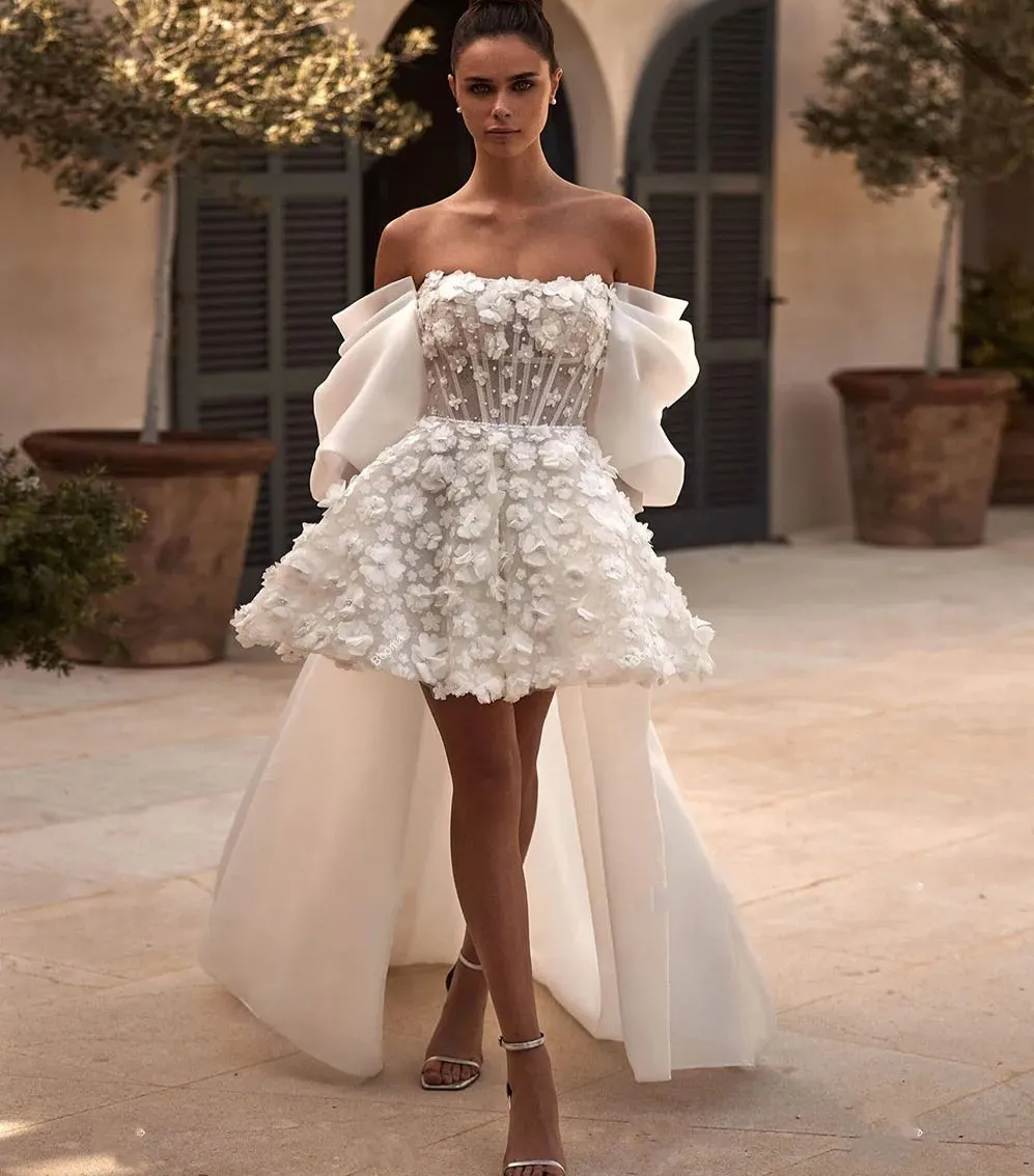 Luxury Short Lace Wedding Dress with Detachable Train Off-Shoulder 3D ...