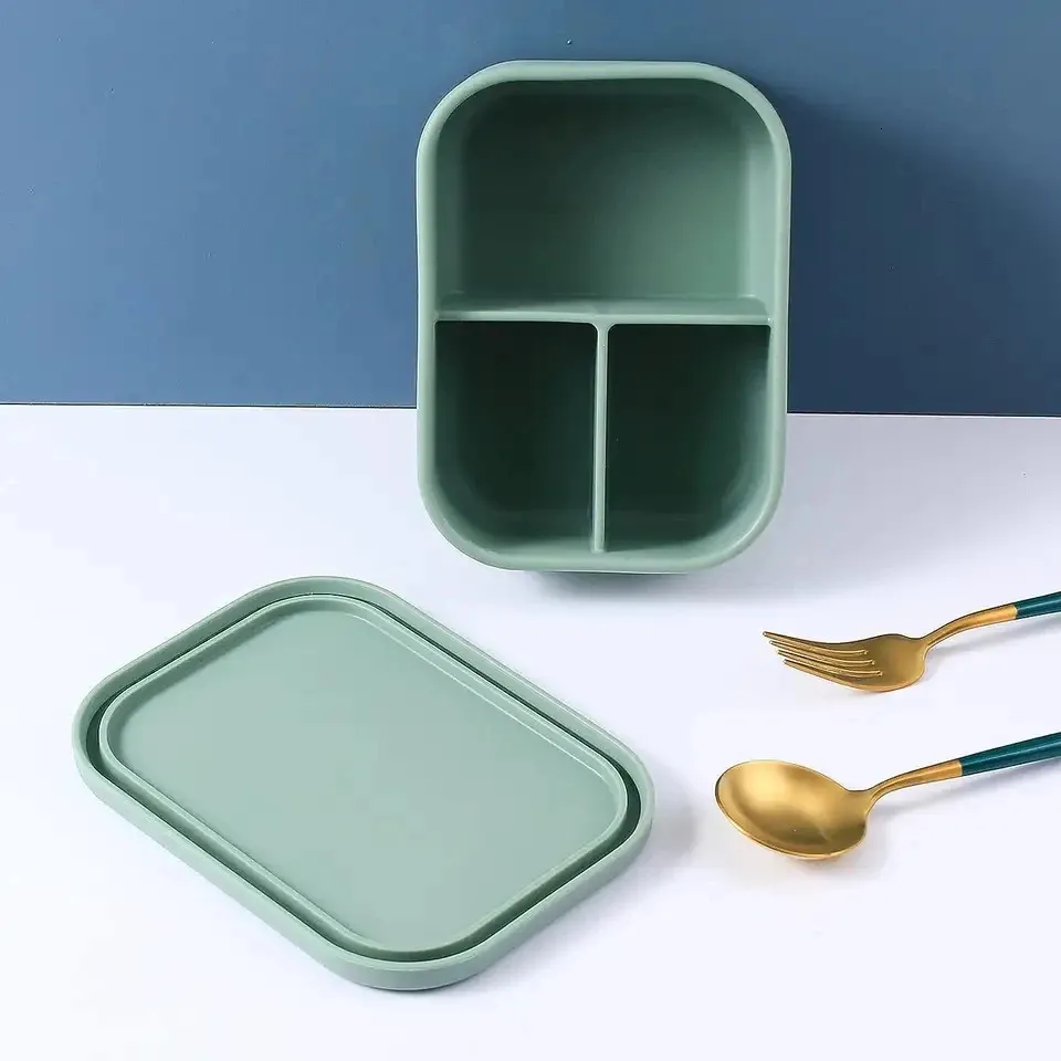 Silicone Bento Lunch Box Cutlery Set Reusable, 3 Compartments For ...