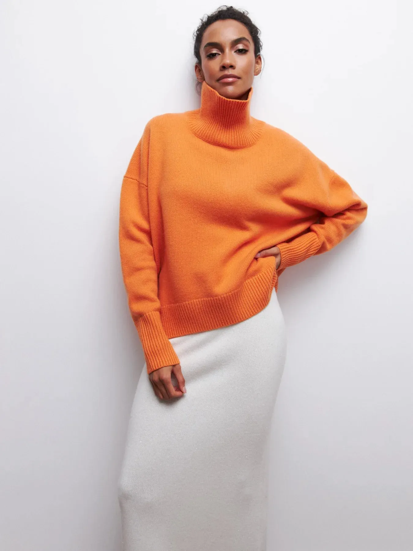 Autumn Womens Black Acetate Turtleneck Sweater Loose Fit Batwing Sleeve ...
