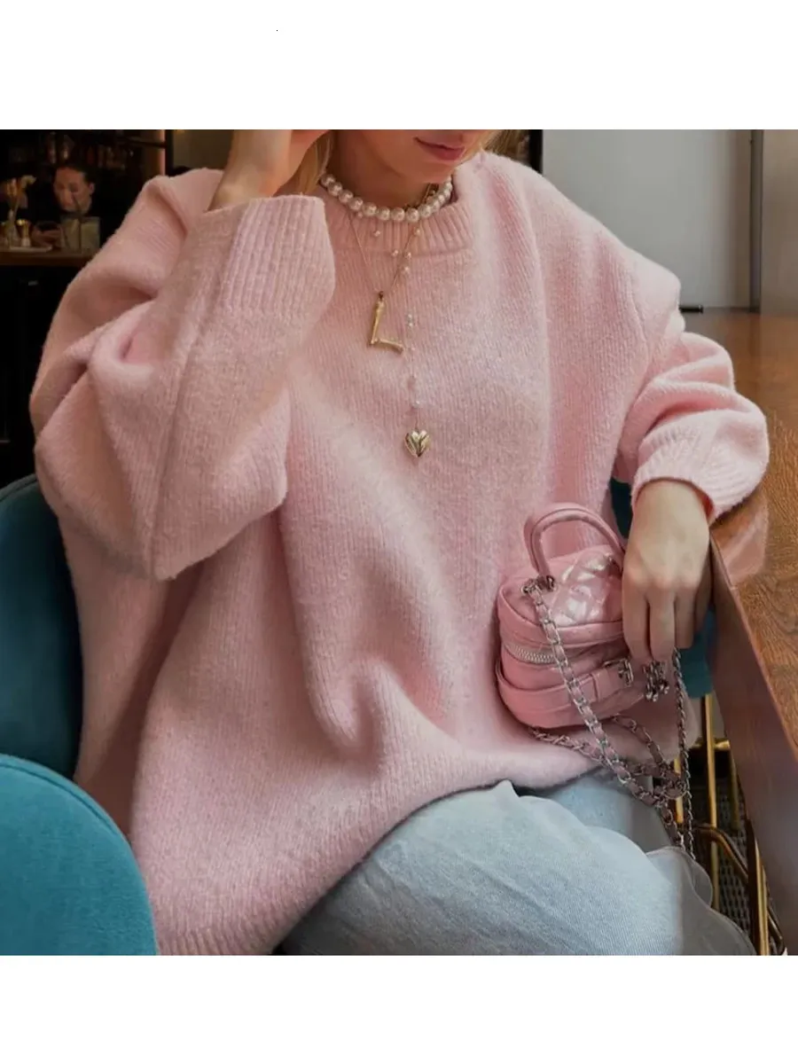Hirigin Womens Y2K Loose Acetate Knitted Sweater Long Sleeve Staff Collar Solid Color from ...