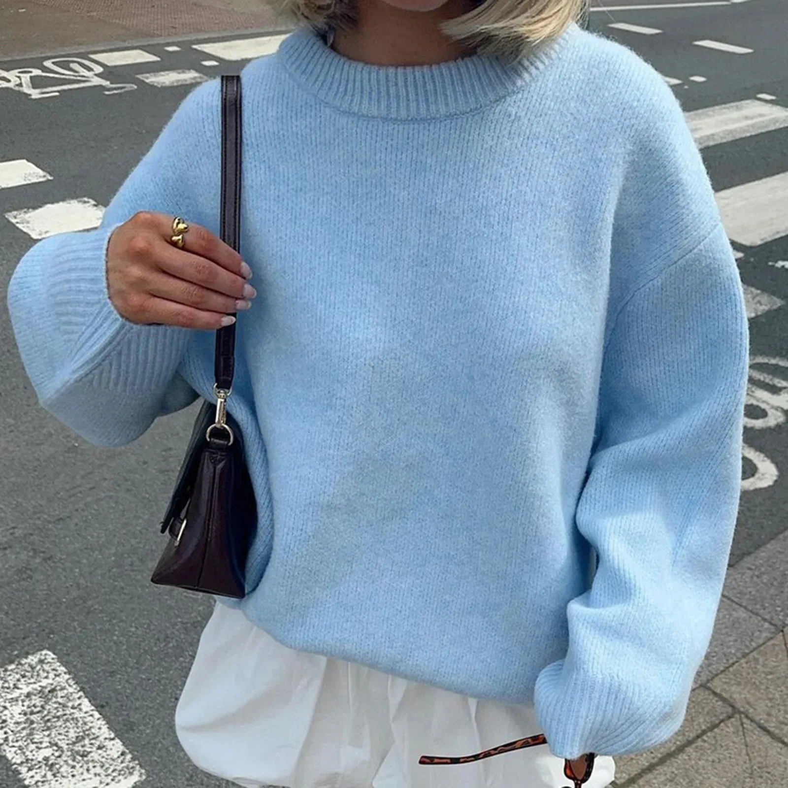 Hirigin Womens Y2K Loose Acetate Knitted Sweater Long Sleeve Staff Collar Solid Color from ...