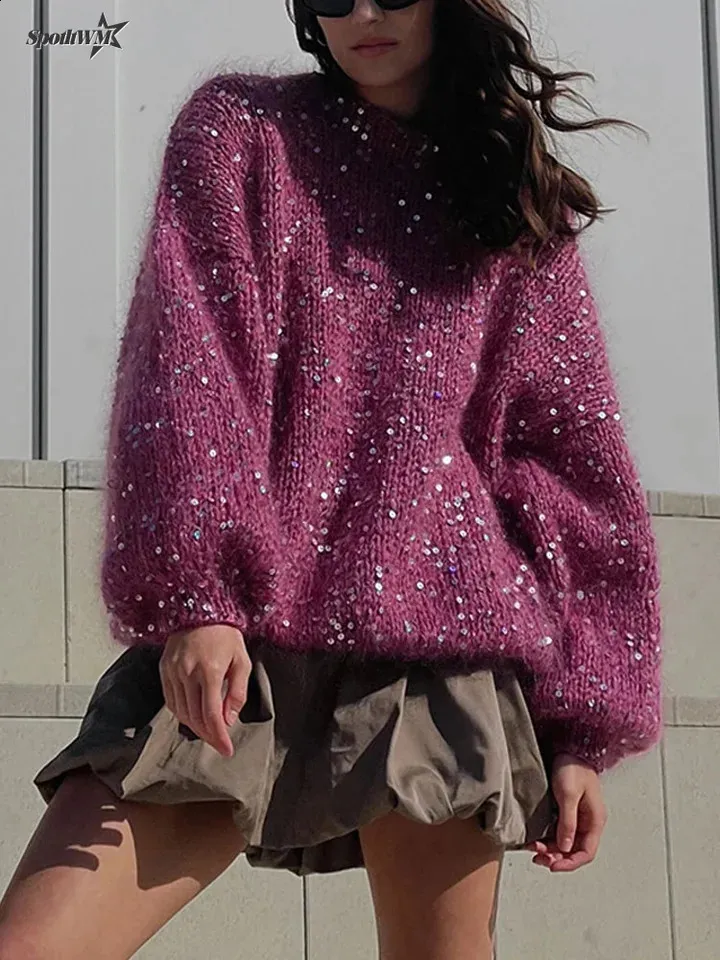 Women Sequin Sweater Loose Fit Acetate Batwing Sleeve O Neck Pullover ...