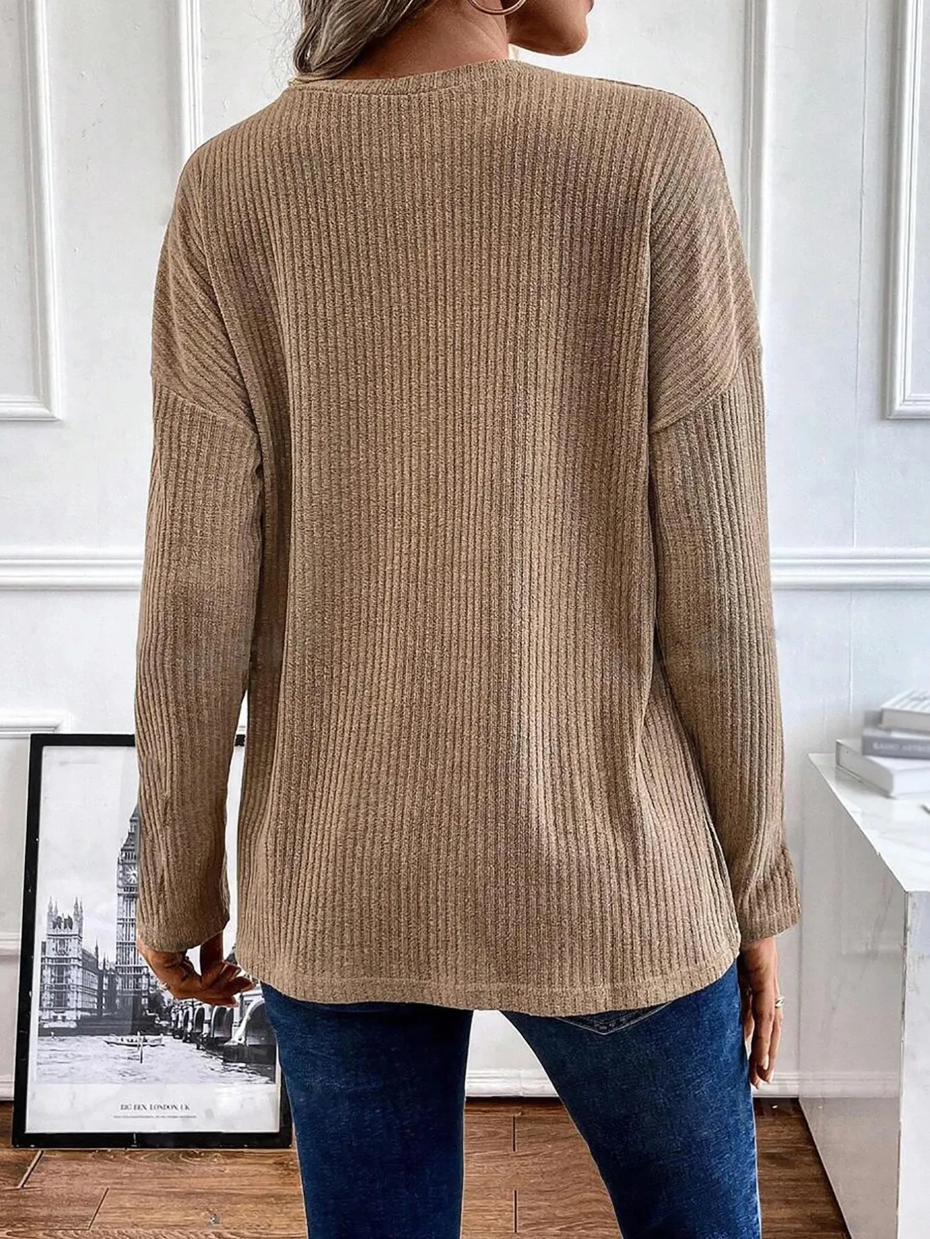 V neck knit sweater loose fit acetate casual button knit sweater with batwing sleeve solid color ...
