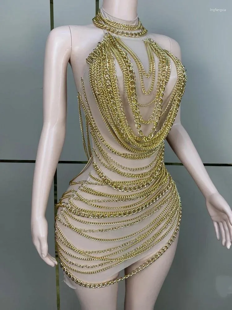 Shiny Nude Mesh Gold Party Dress With Golden Chain For Women's Stage ...