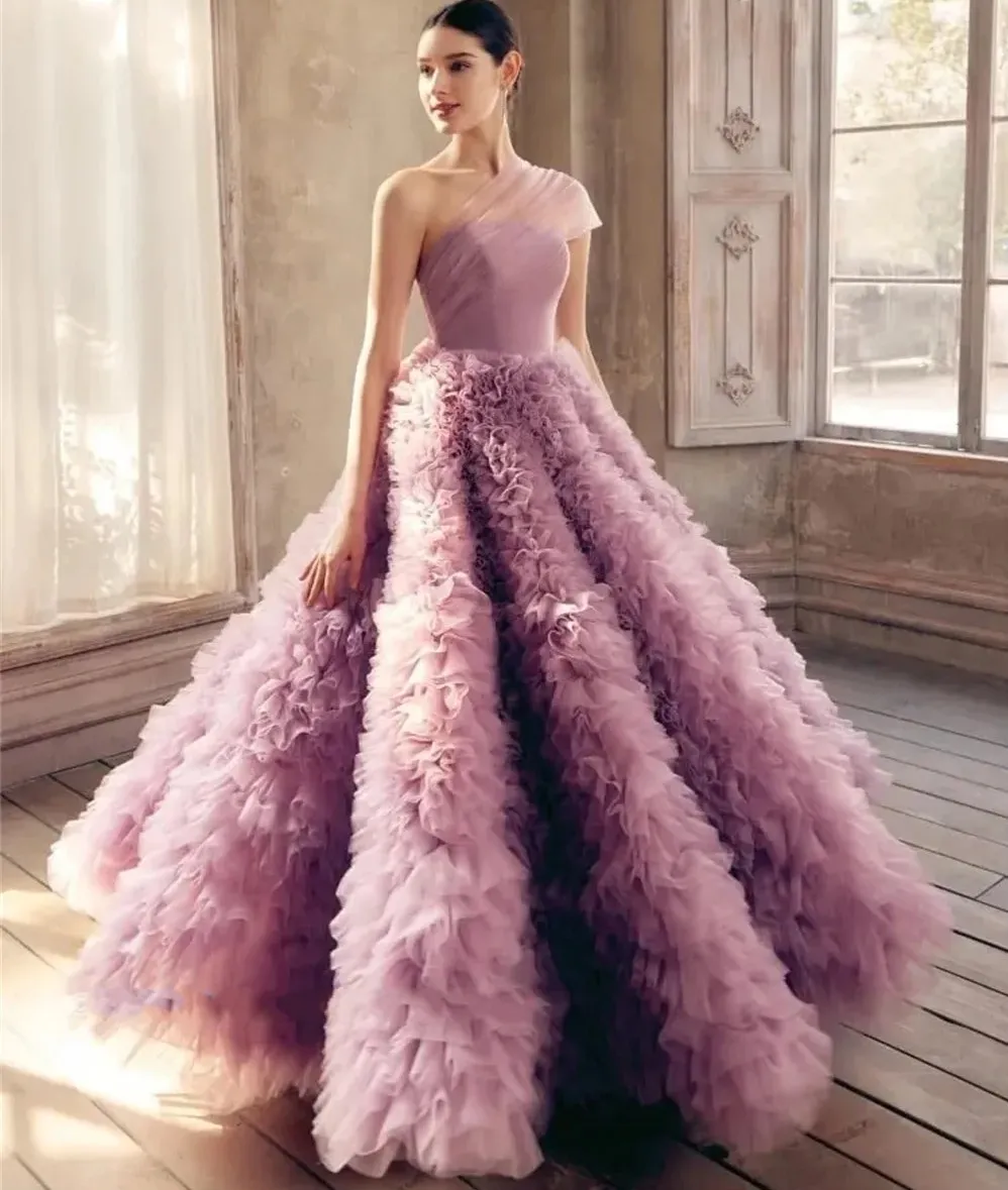 Luxury Lavender One Shoulder Purple Prom Dresses 2023 Multilayer Tulle ...