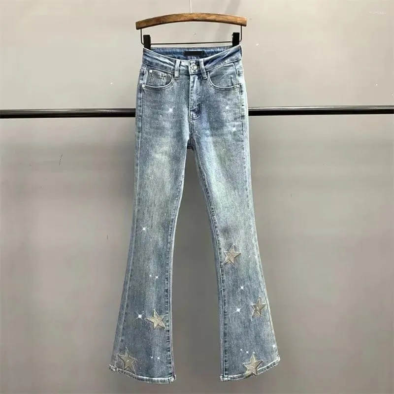 2025 Spring Autumn Women's High Waist Star Embroidered Flared Wide Leg Jeans Women With Diamond ...