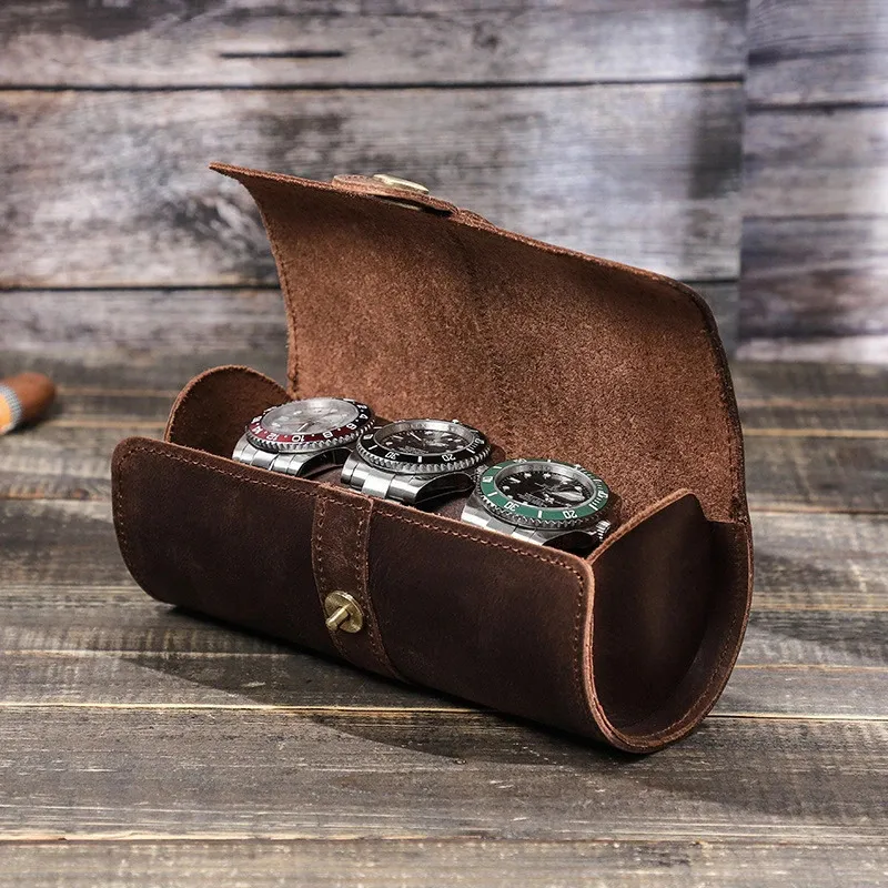Leather Watch Display Organizer Box 3-Slot Portable Vintage Cowhide ...
