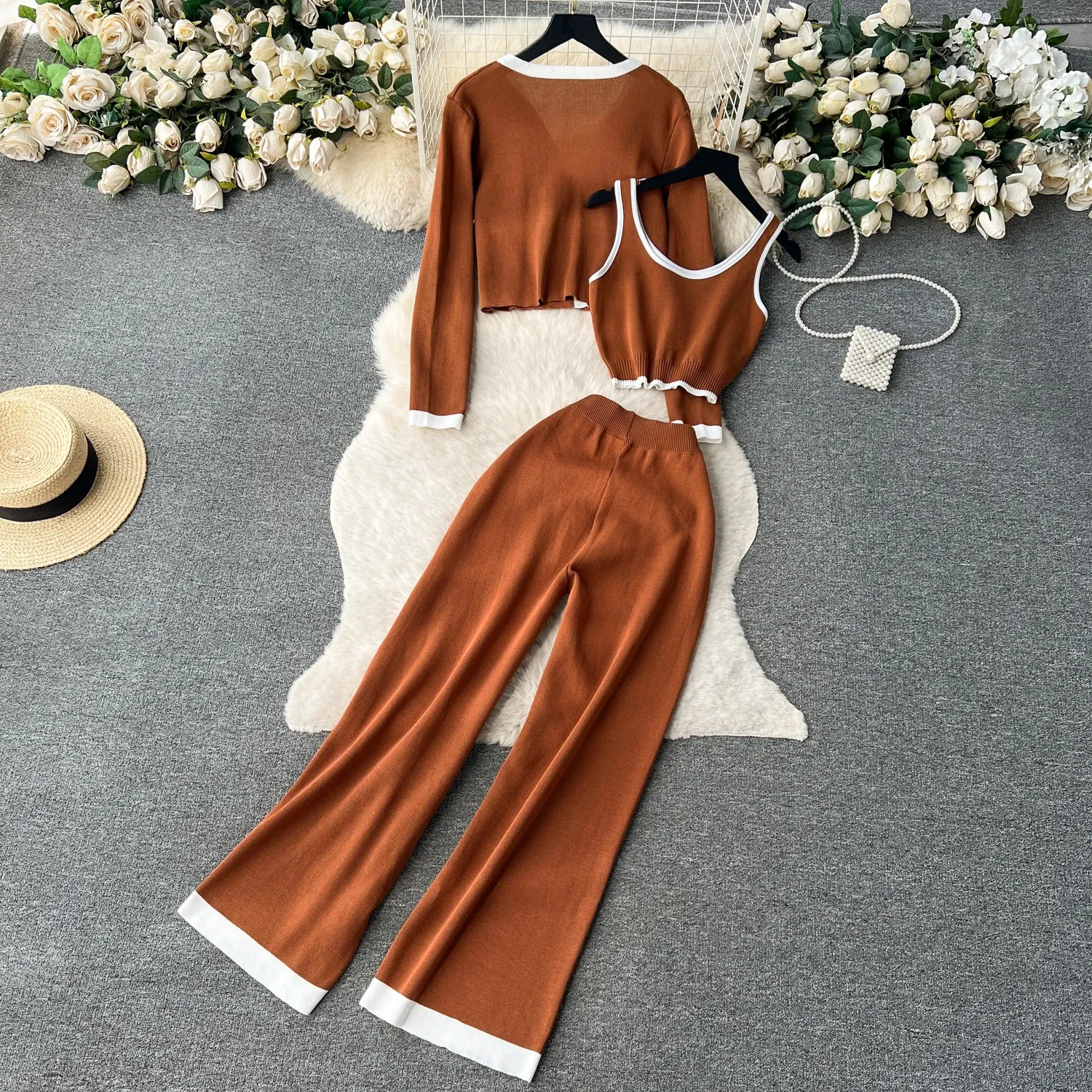 Women's Autumn Knitted 3-Piece Set: Slim Tank Top, Long Sleeve Cardigan ...