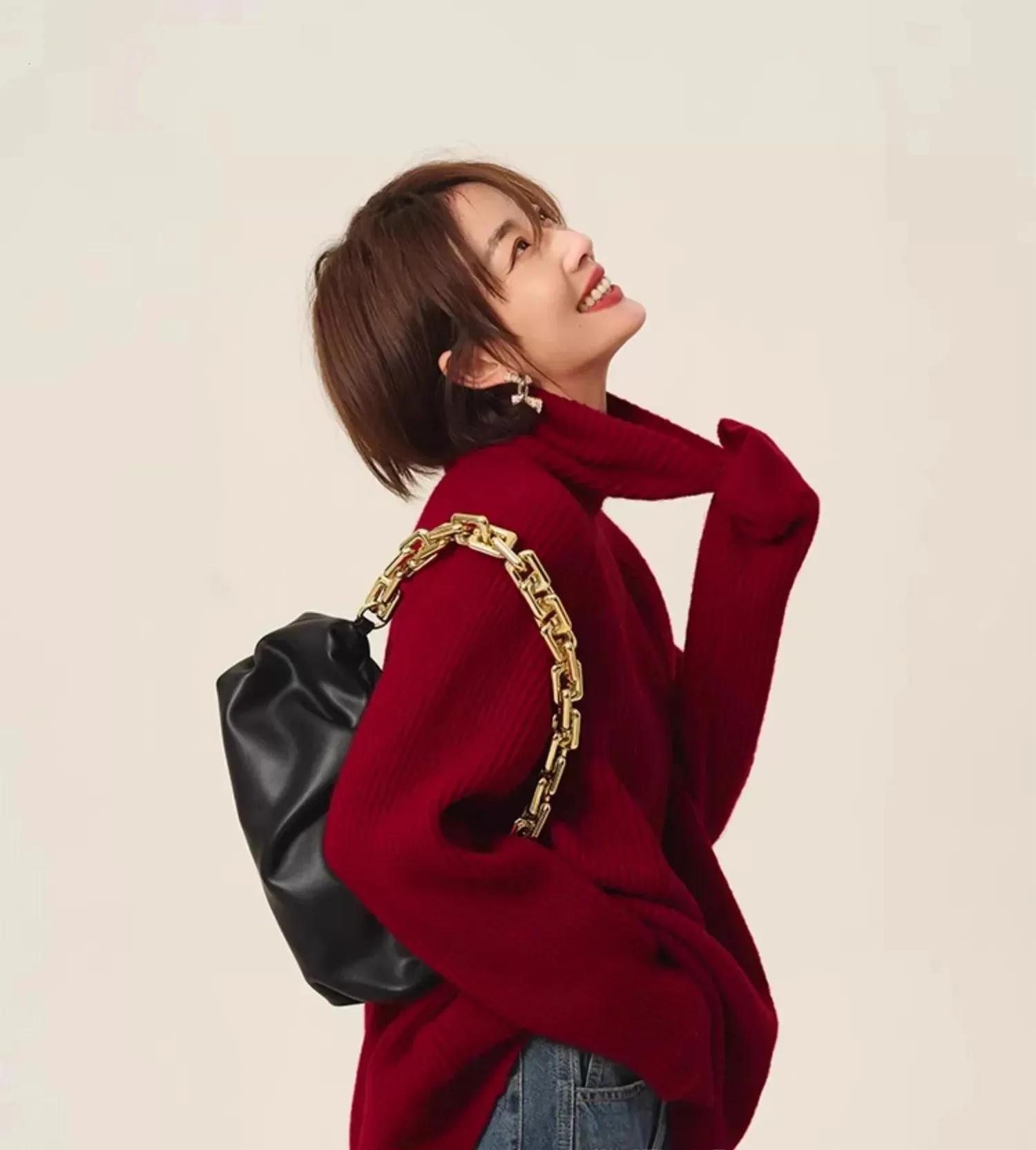 Turtleneck loose fit acetate sweater women thick vintage red batwing ...