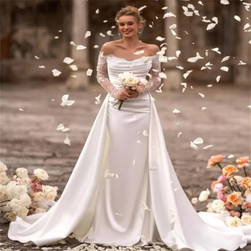 Elegant Mermaid Wedding Dresses: Off Shoulder Lace Bridal Gown With Detachable Train, Long ...