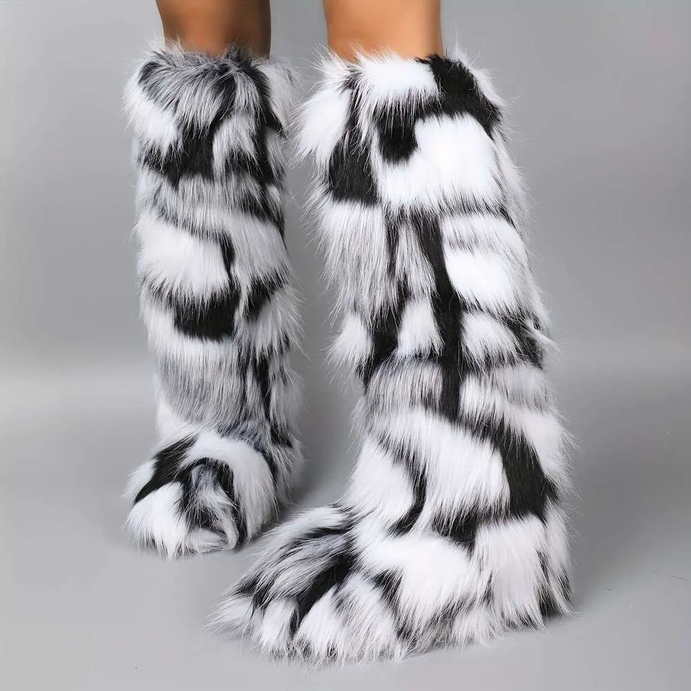 Women's Fluffy Faux Fur Pull On Platform Soft Sole Narrow Width Knee ...