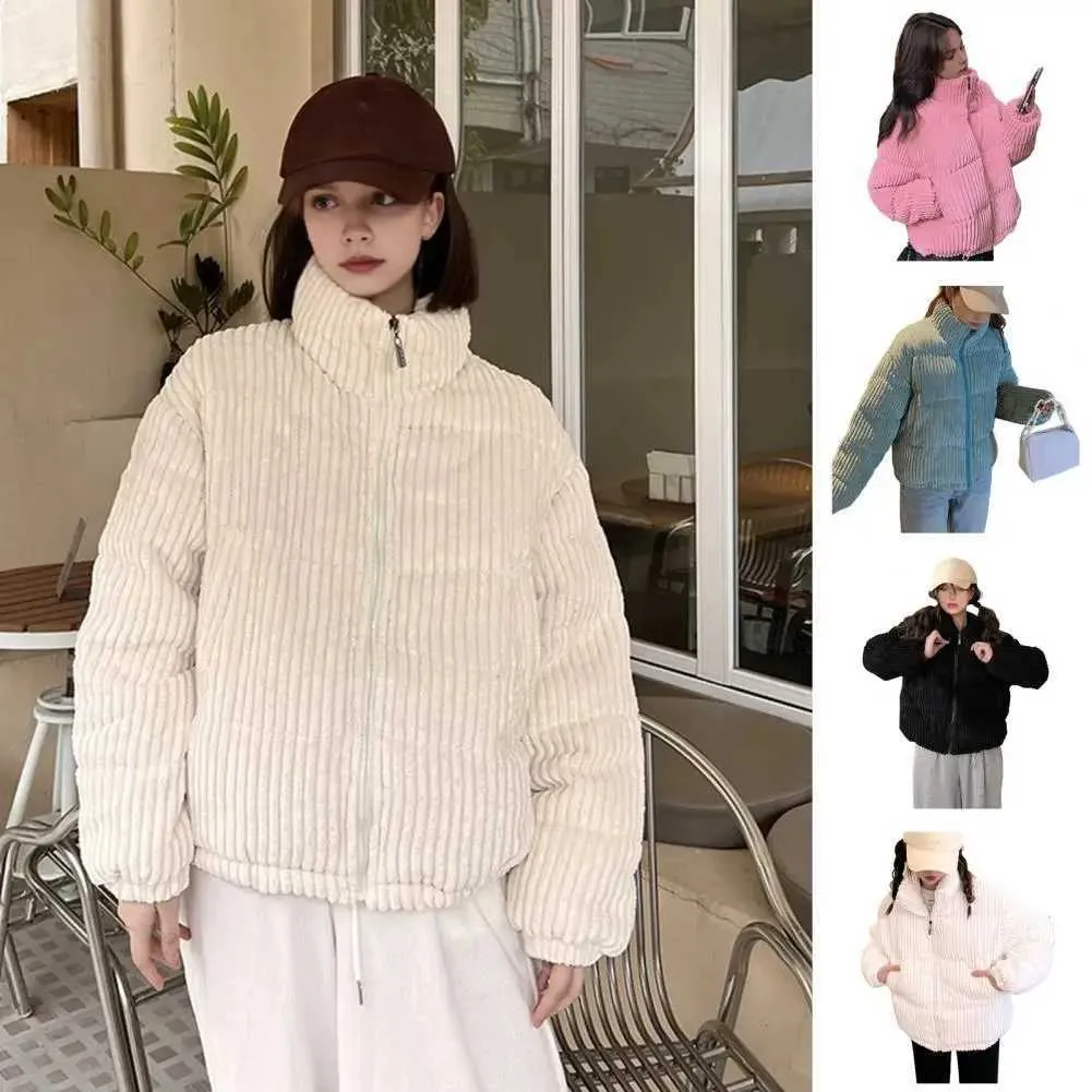 South Korean Corduroy Outerwear Womens Down Coat Short Sleeve Casual ...