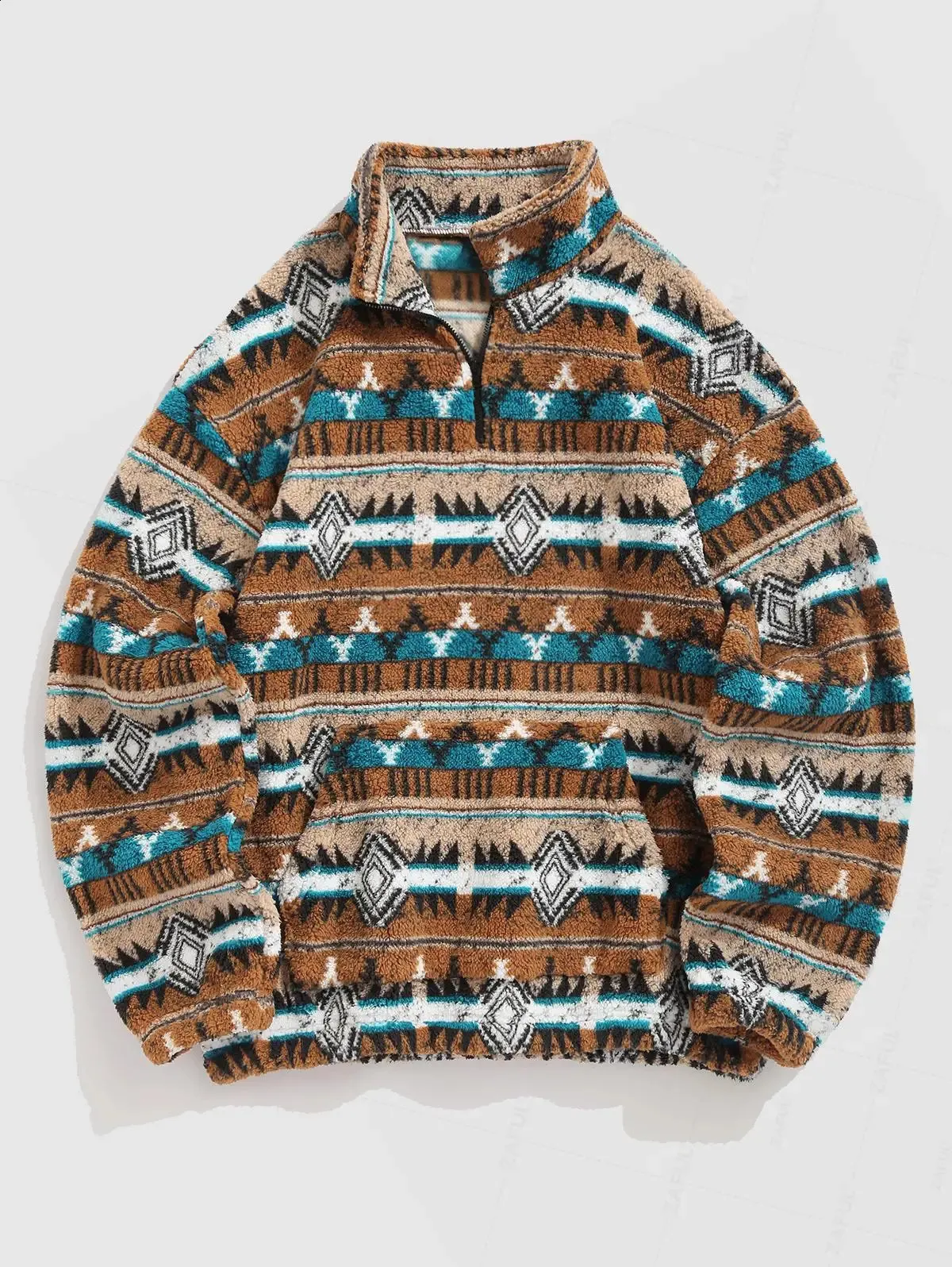 ZAFU Men's Ethnic Tribal Aztec Print Polar Fleece Quarter Zip Pocket ...