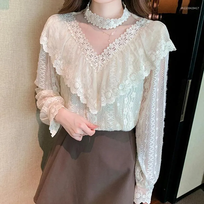 Women's Polyester Ruffle Neck Blouse Long Sleeve Stand Collar Lace ...