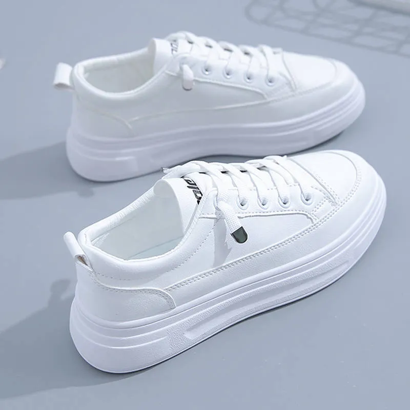 Women Casual Breathable Lace-Up Flat Shoes Sneakers White PU Upper for ...