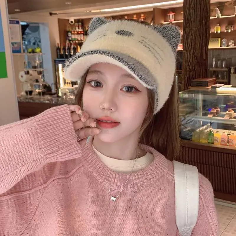Cute Cat Ear Knitted Women's Winter Baseball Cap For Women Warm Furry ...