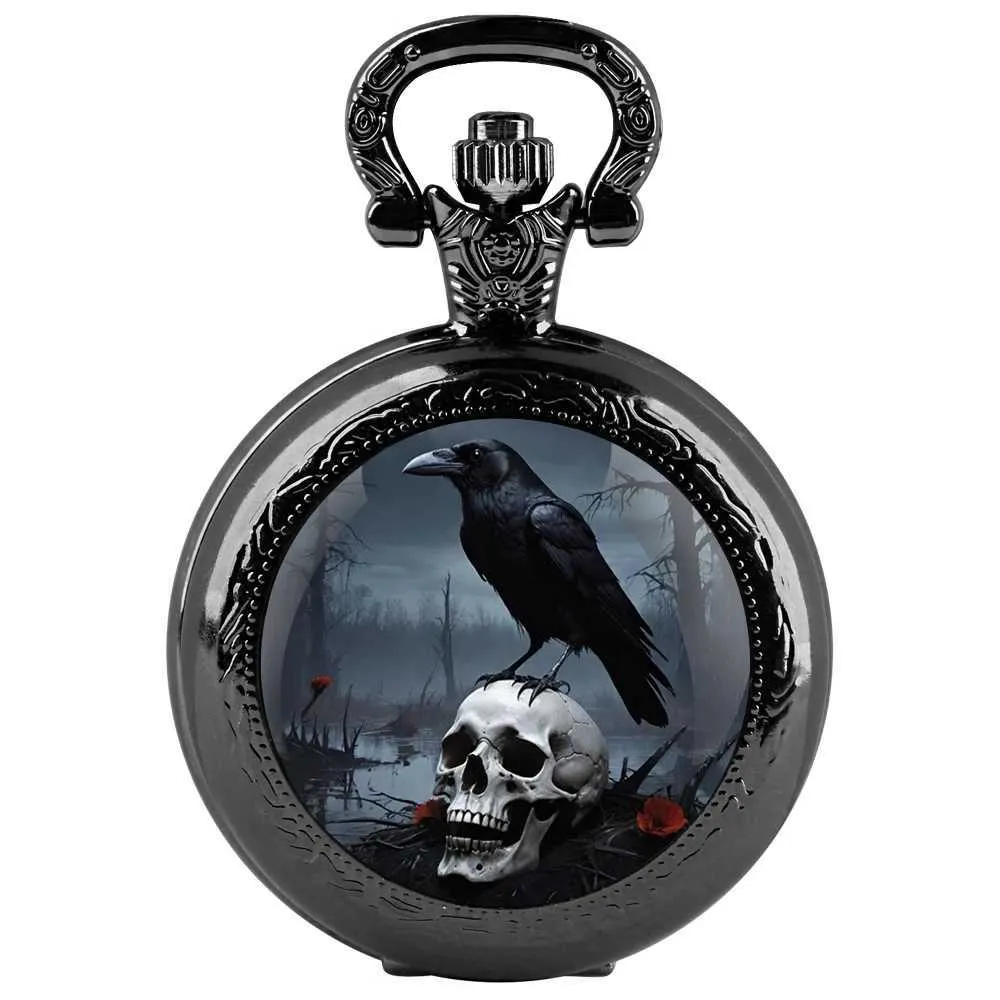 GiftsXJ241219 Vintage Skull Crow Quartz Pocket Watch Necklace Steampunk ...
