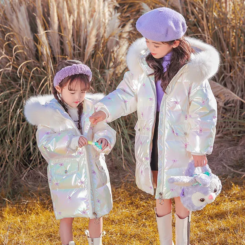 Winter Children Down Jacket For Girl Embroidered Hooded Shiny Junior ...