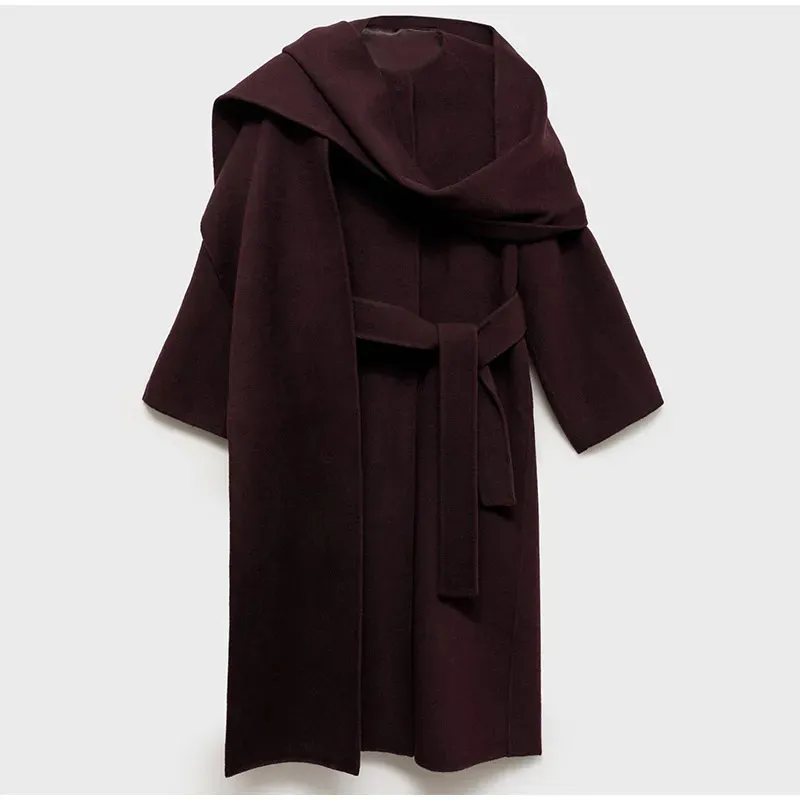 Womens Burgundy Woolen Long Coat Hooded Loose Full Sleeve Overcoat With ...