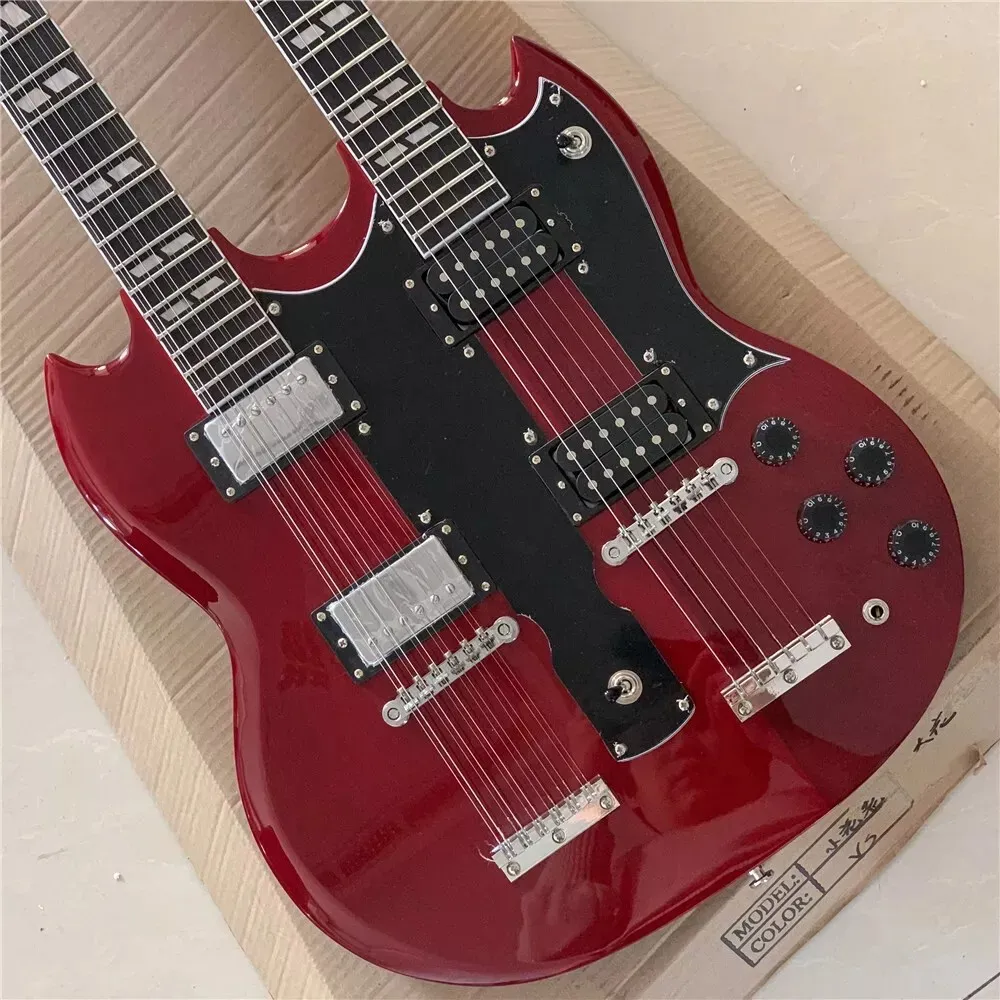 Custom Electric Guitar, Dark Red Color Double Neck 6+12 Strings Guitars ...
