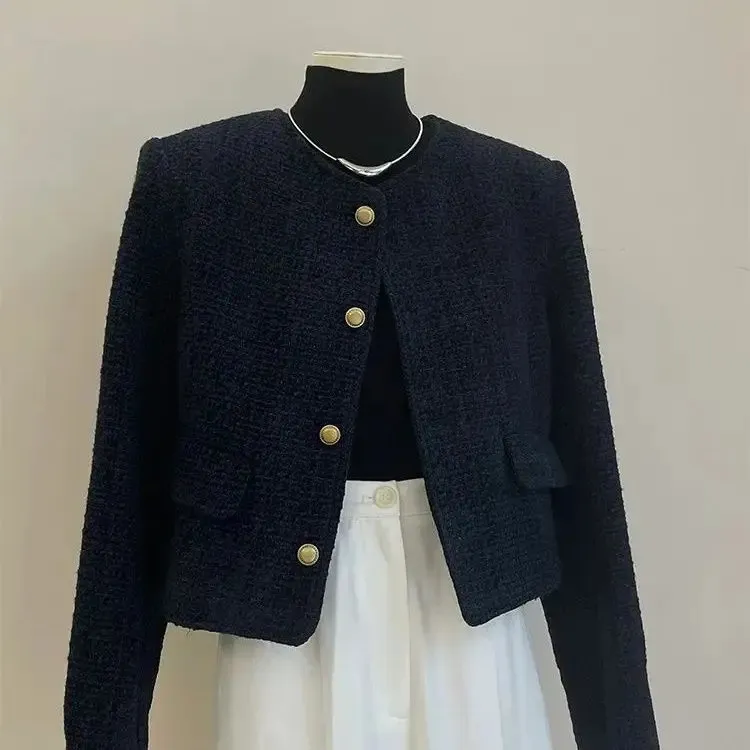 Spring Autumn Women Tweed Acetate Jacket O Neck Long Sleeve Single ...