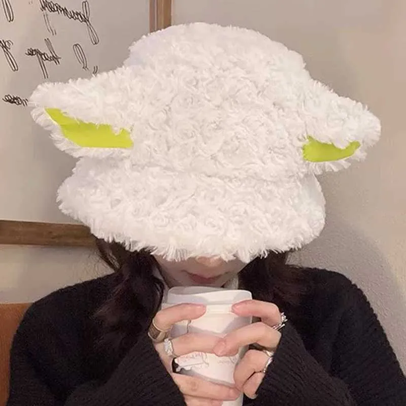 Handmade Sheep Fluffy Cow Bucket Hat With Plush Ears Wide Brim, Lolita ...