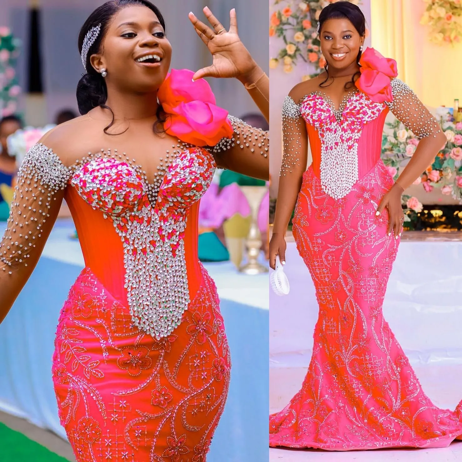 Floral Lace Rhinestone Water Melon Mermaid Pink Sparkly Prom Dress ...