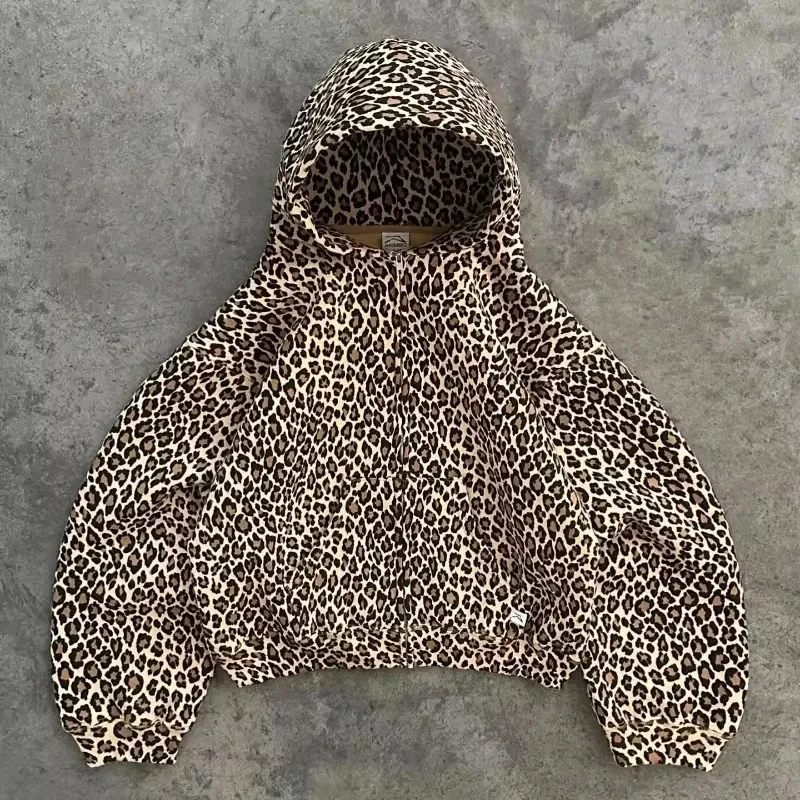 American Y2K Fleece Padded Leopard Zipper Hoodie Women Streetwear Sport ...
