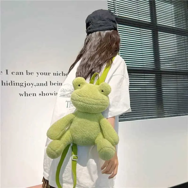 XJ241219 Cute Green Frog Plush Backpack Japanese Style Shoulder Bag For ...