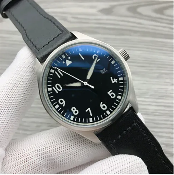 Men's Automatic Mechanical Pilot Watch Black Leather & Stainless Steel ...