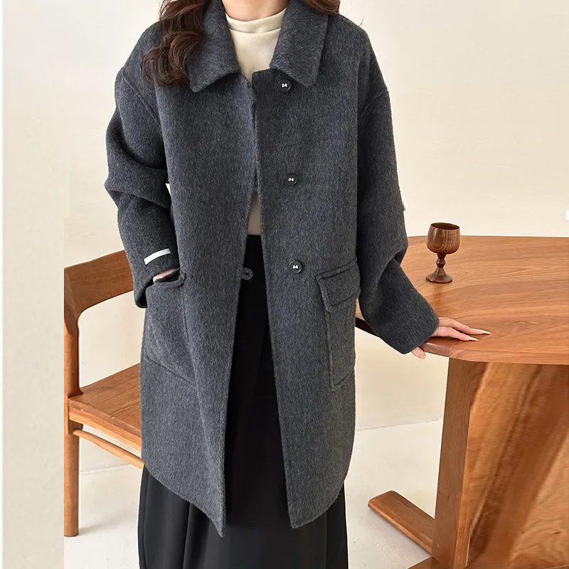 D3150 Womens Double Faced Cashmere Wool Coat Loose Mid Length Korean ...