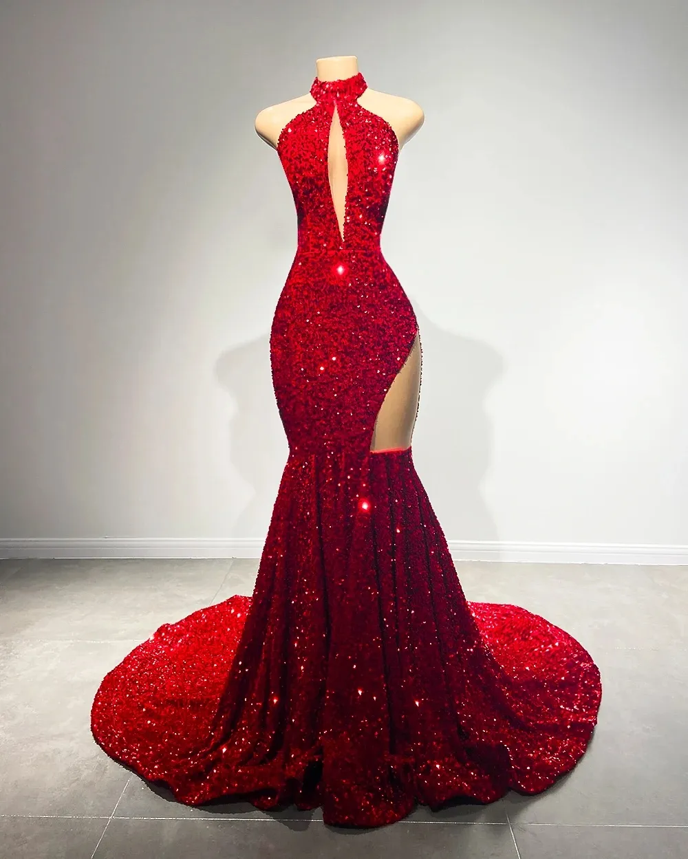 Red Sequin Mermaid Red Sparkly Prom Dress High Neck, Sexy And Elegant ...