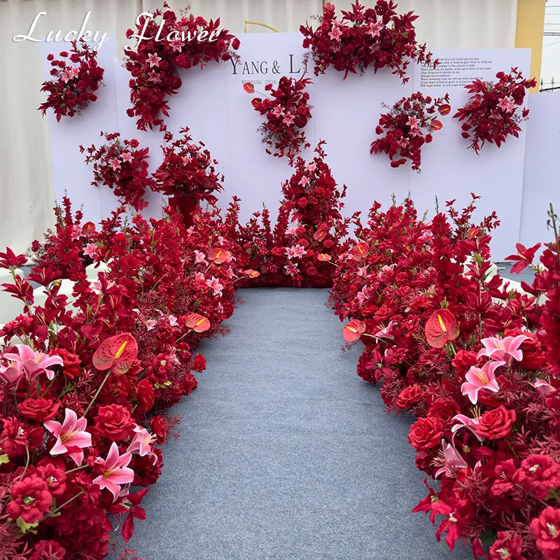 Red Rose Lily Wedding Backdrop Decoration Artificial Flower Row Wall ...