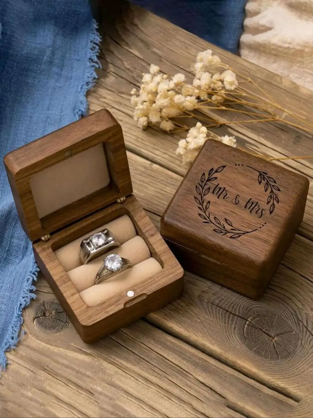 Premium Engravable Ring Box - Laser Engraved Wooden Wedding Band Holder ...