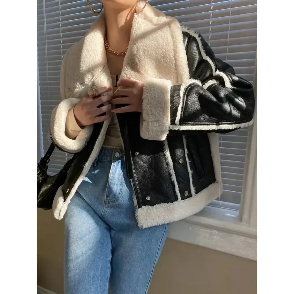 Women Vintage Thick Warm Eco-friendly Leather Fur Motorcycle Biker ...