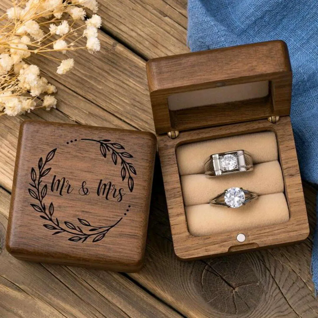 Premium Engravable Ring Box - Laser Engraved Wooden Wedding Band Holder ...
