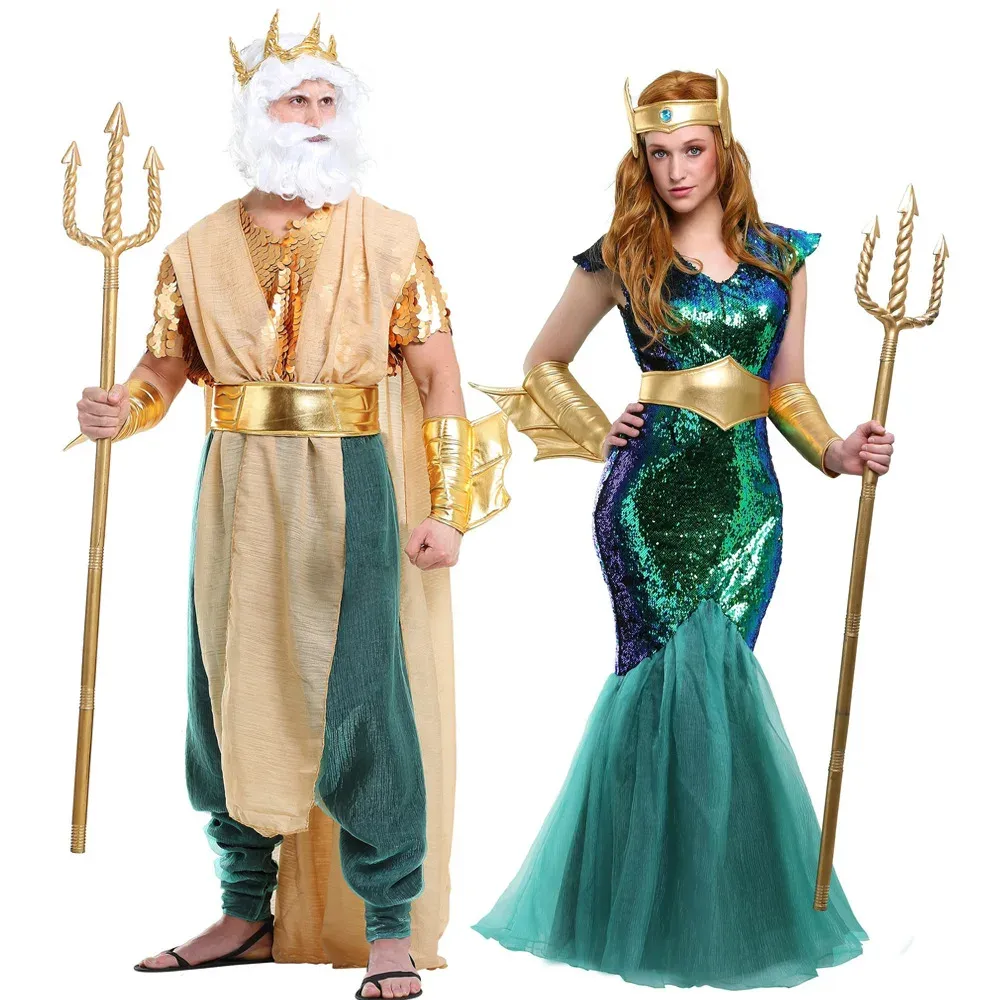Sexy Couple Neptune Sea Siren Mermaid Queen Costume Men King Poseidon ...