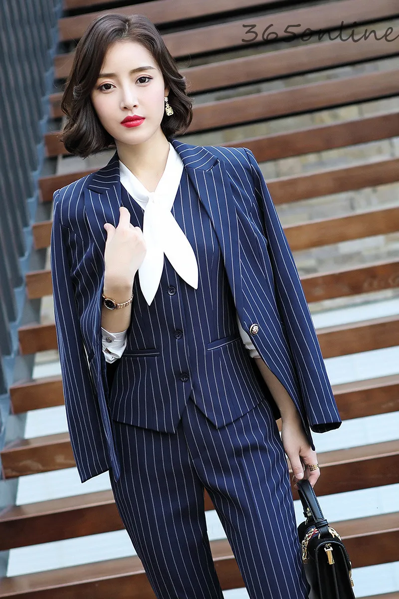 Elegant Striped Women's Business Blue Pinstripe Suit For Autumn/Winter ...