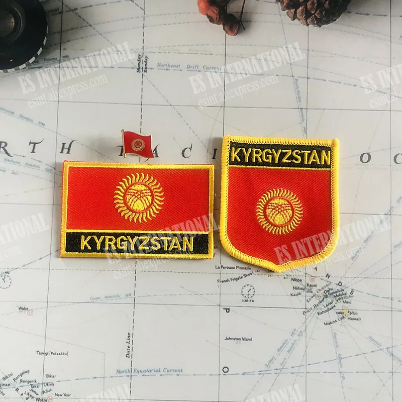 Kyrgyzstan National Flag Patches Embroidered Badge, Shield & Square Shape Pin Set For Backpack ...