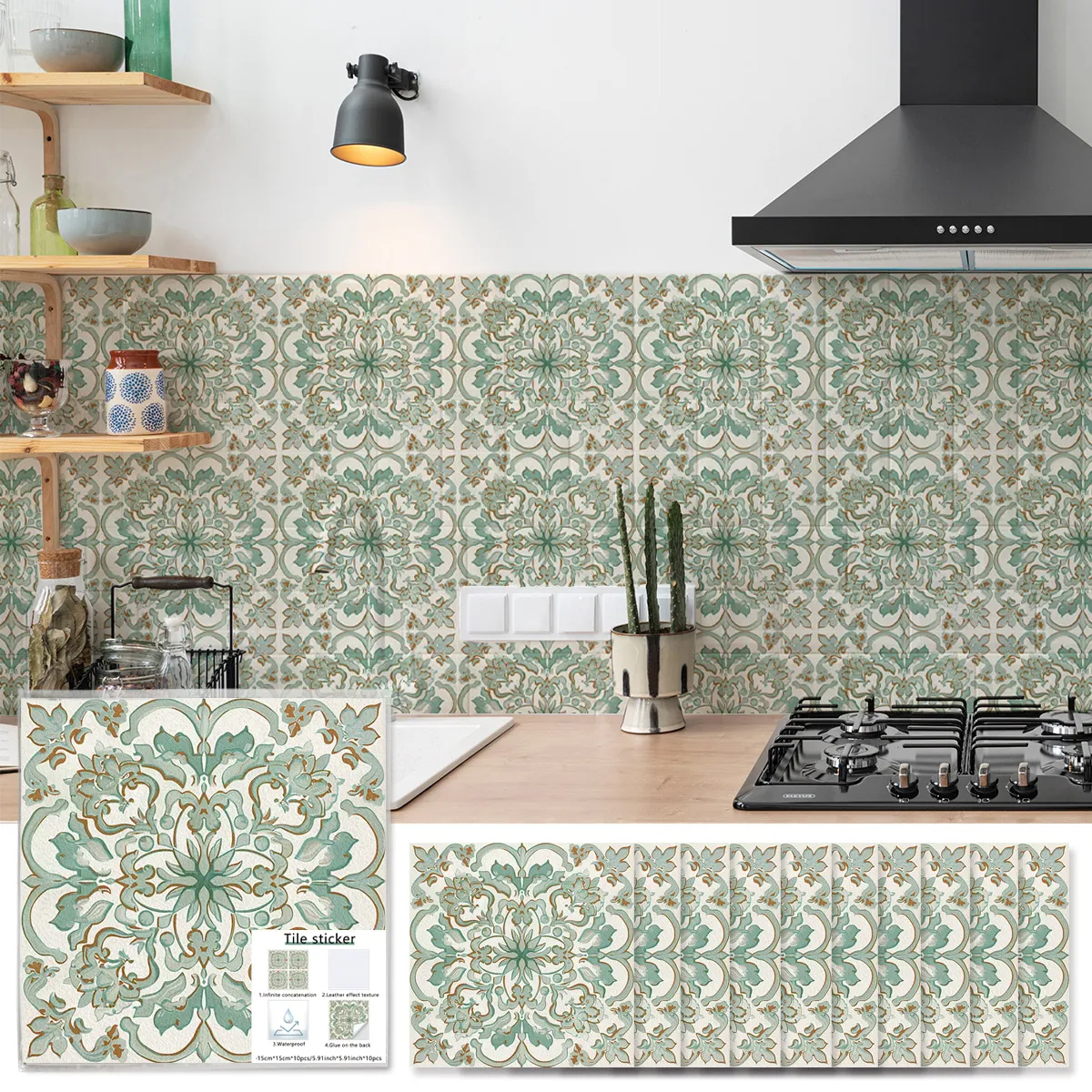 Retro Green Floral Tile Stickers - Waterproof Set for Balcony, Kitchen ...