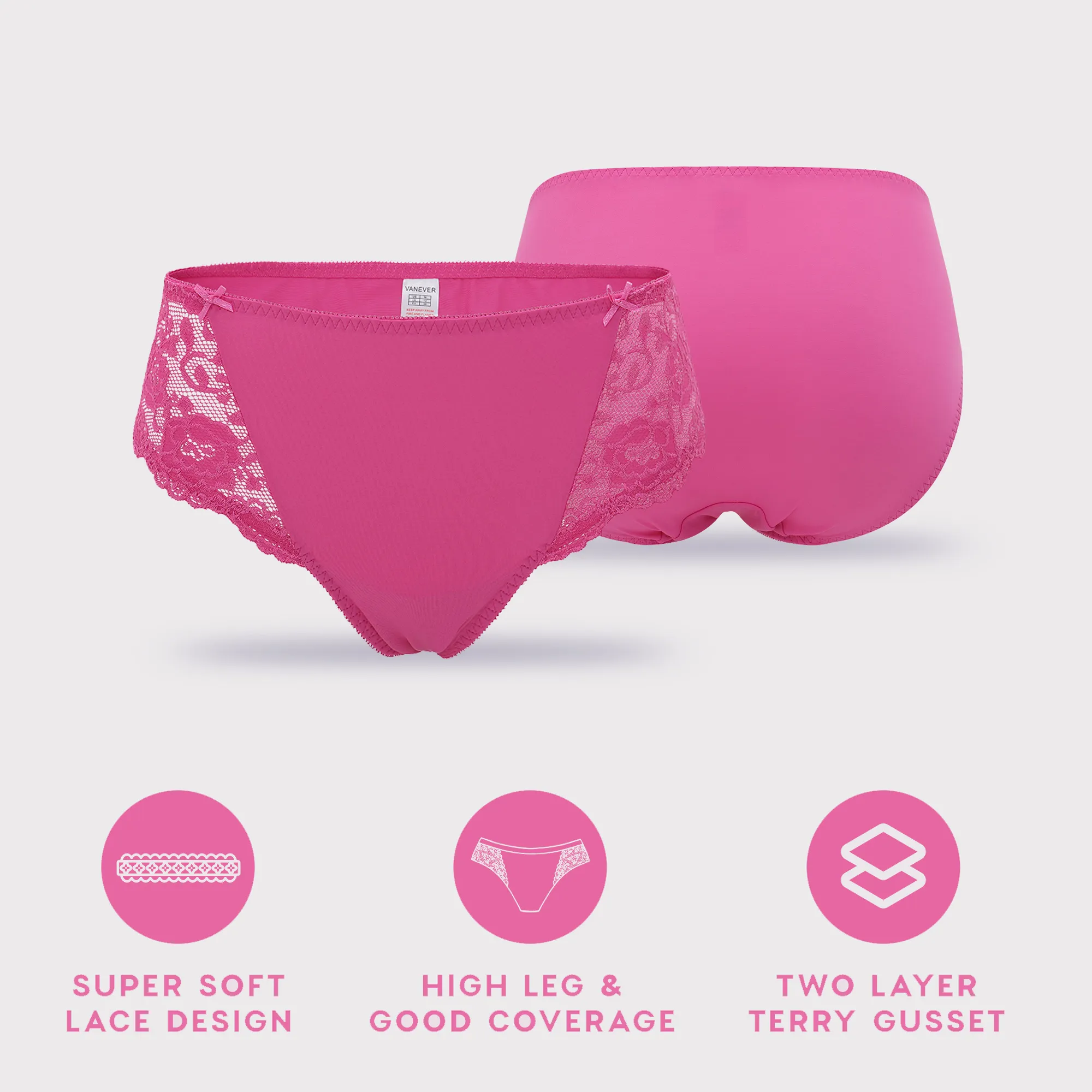 VANEVER Female Underwear, Mid Waist Bowtie Floral Lace Bright Rose ...