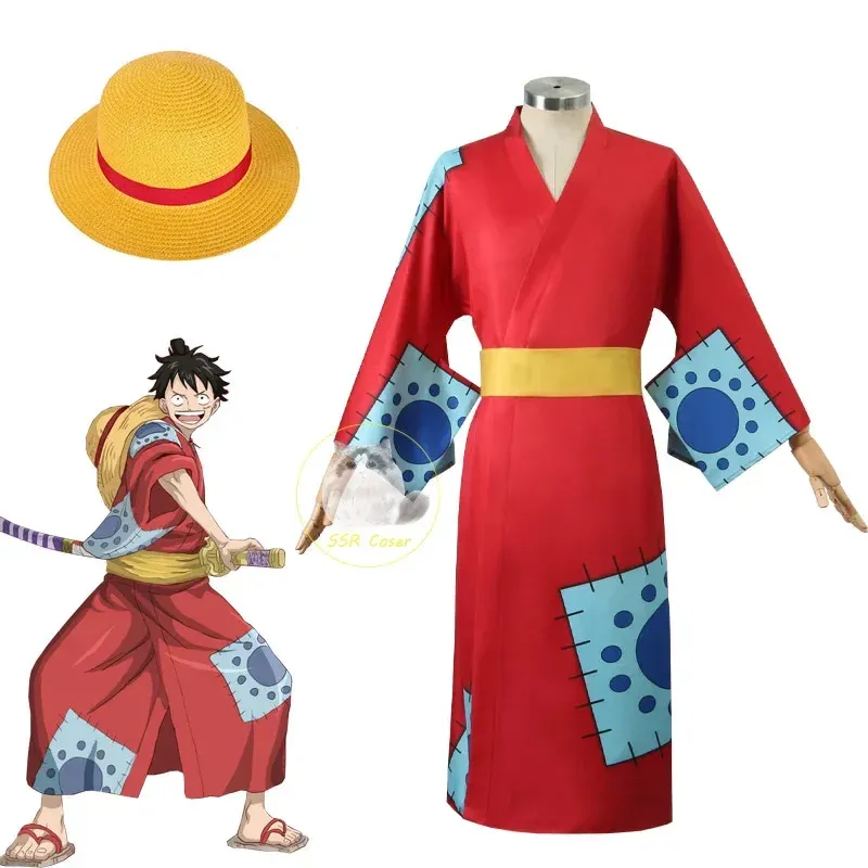 Men's Red Cardigan One Piece Hat Luffy Cosplay Kimono Costume Wano ...