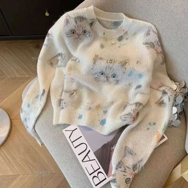 Womens Loose Fit Long Sleeve Pullover Sweater with Cat Print, Acetate and Thin Wool, Cowl Neck ...