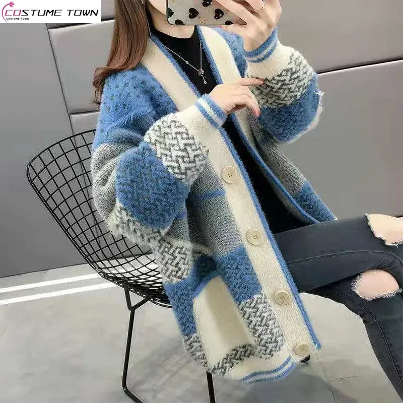 Autumn Winter Korean Edition Thick Knit Acetate Cardigan Coat Loose ...