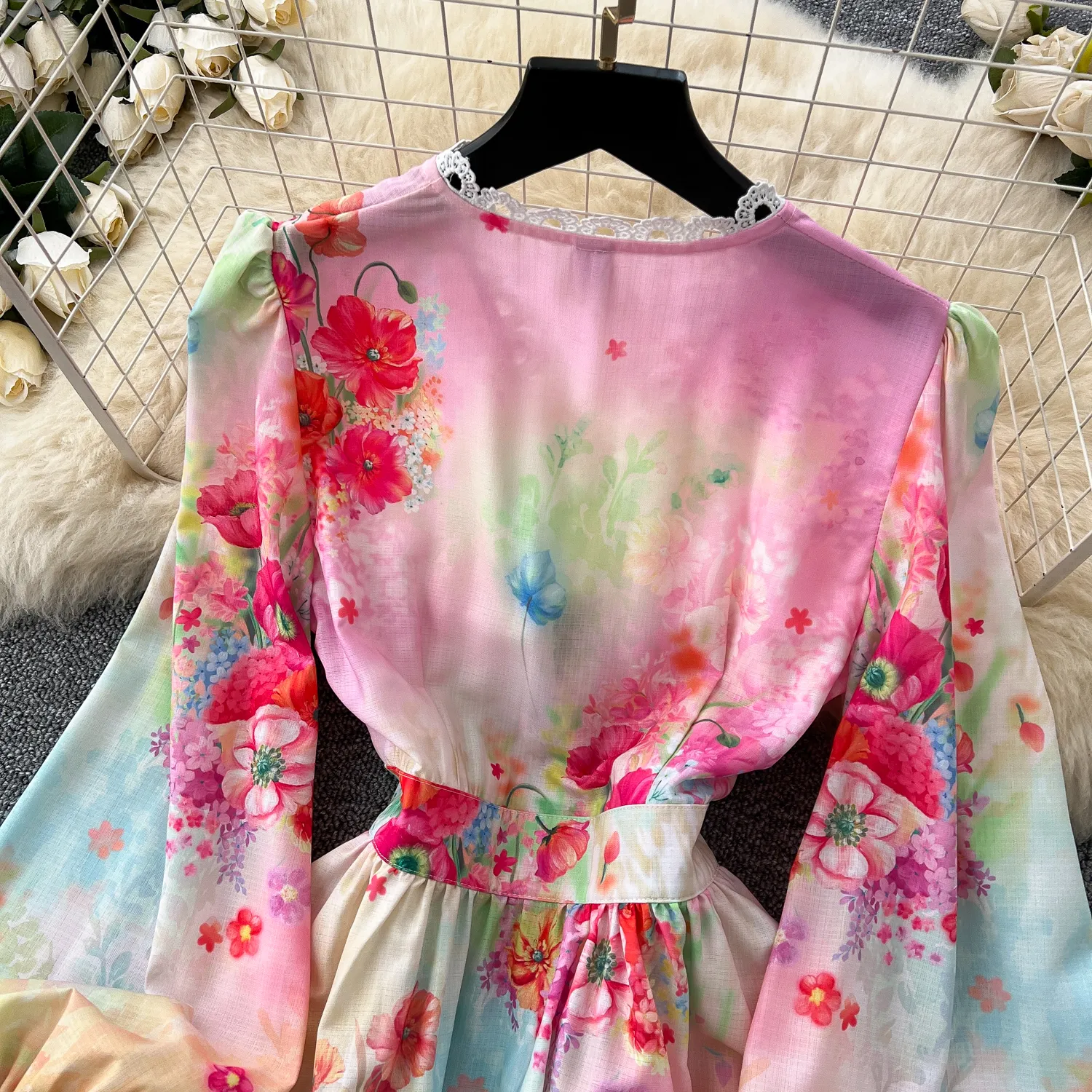 Elegant Summer Dress: French A-Line Openwork V-Neck Long Sleeve Dress ...