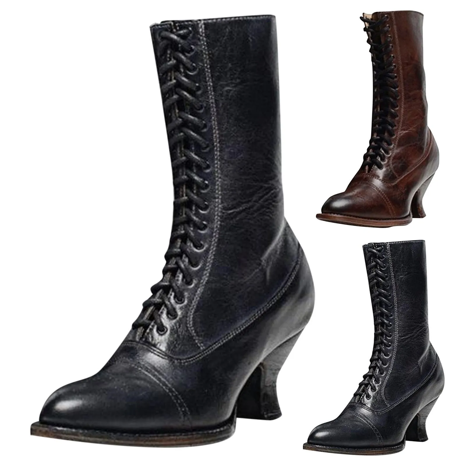 Women's Gothic Lace-Up Ankle Boots with Corner Heel - Retro Elastic ...