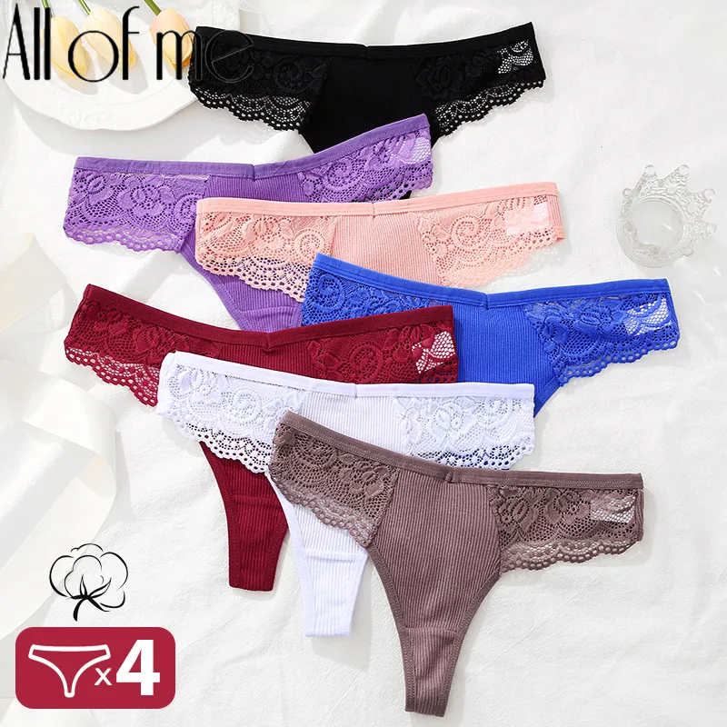 Women's 4-Pack Cotton Lace Thong Panties - Floral Hollow Out, T-Back ...