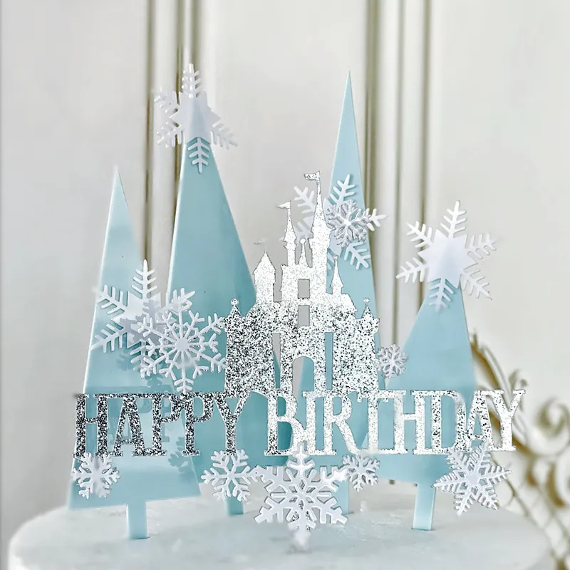 Blue Snowflake Castle Cake Topper Acrylic Christmas Tree Cupcake ...